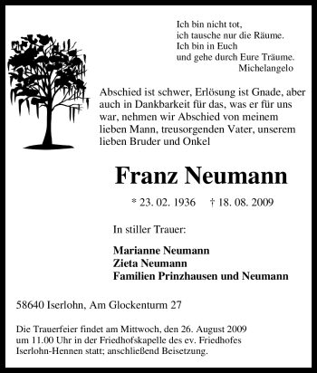 Traueranzeigen von Franz Neumann | Trauer-in-NRW.de