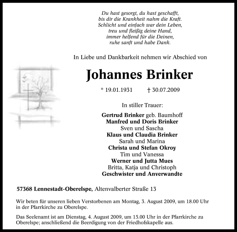 Traueranzeigen von Johannes Brinker | Trauer-in-NRW.de