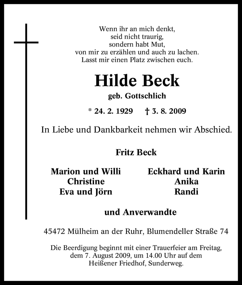 Traueranzeigen von Hilde Beck | Trauer-in-NRW.de