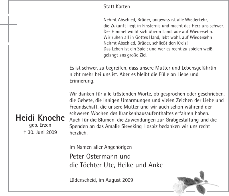 Traueranzeigen von Heidi Knoche | Trauer-in-NRW.de