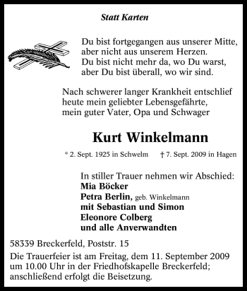Traueranzeigen von Kurt Winkelmann | Trauer-in-NRW.de