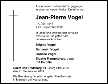 Traueranzeigen von Jean-Pierre Vogel | Trauer-in-NRW.de