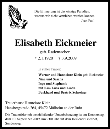 Traueranzeigen von Elisabeth Eickmeier | Trauer-in-NRW.de