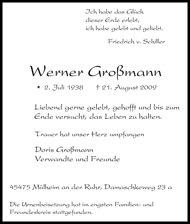 Traueranzeigen von Werner Großmann | Trauer-in-NRW.de