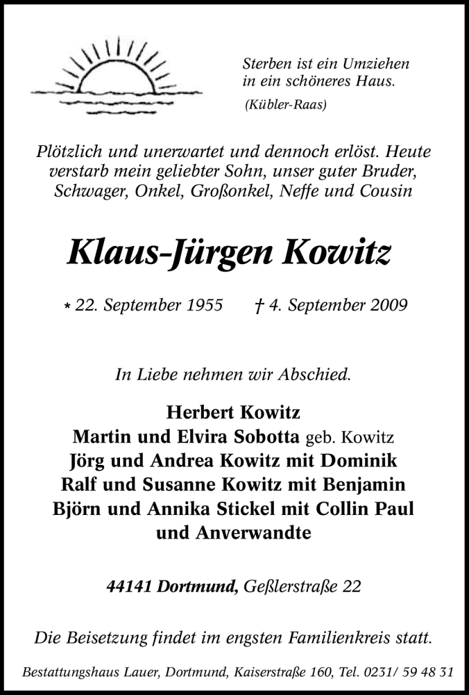 Traueranzeigen von Klaus-Jürgen Kowitz | Trauer-in-NRW.de