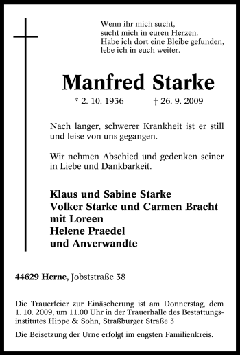 Traueranzeigen von Manfred Starke | Trauer-in-NRW.de