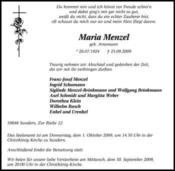 Traueranzeigen von Maria Menzel | Trauer-in-NRW.de