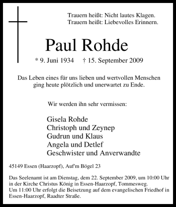 Traueranzeigen von Paul Rohde | Trauer-in-NRW.de