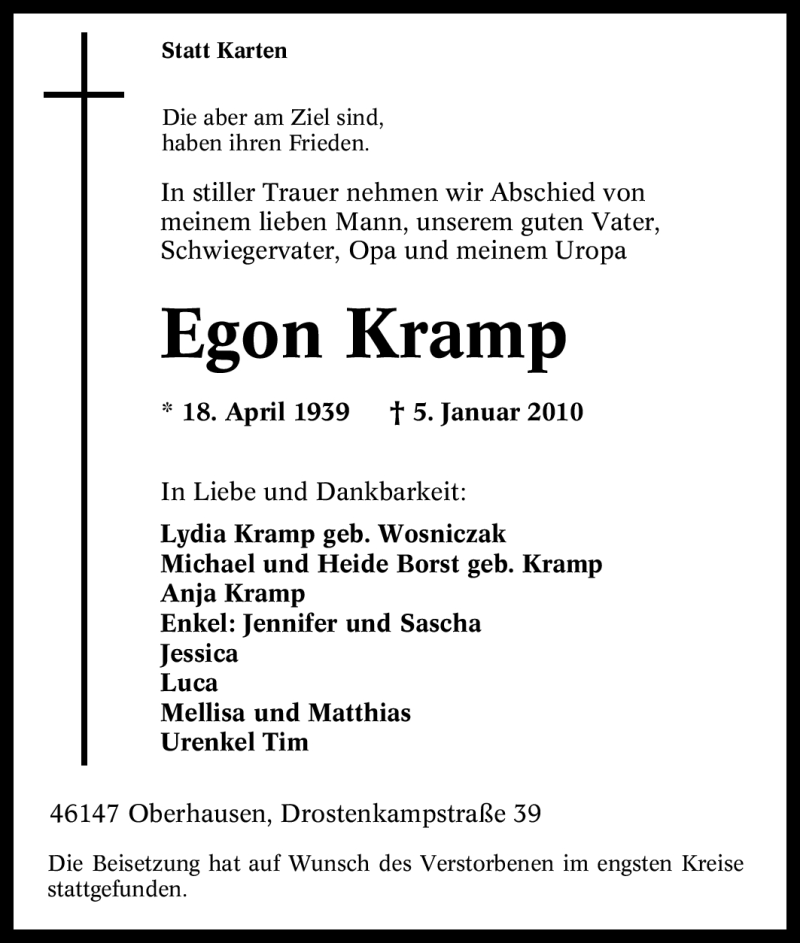 Traueranzeigen von Egon Kramp | Trauer-in-NRW.de