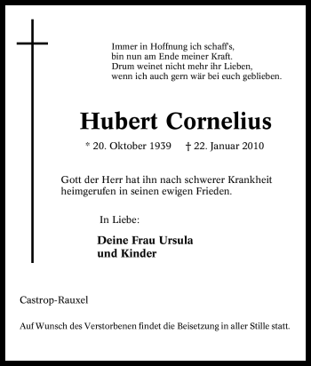 Traueranzeigen von Hubert Cornelius | Trauer-in-NRW.de