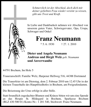 Traueranzeigen von Franz Neumann | Trauer-in-NRW.de