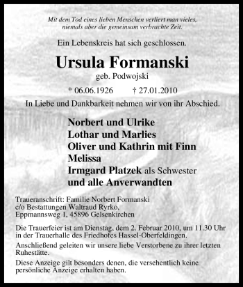 Traueranzeigen von Ursula Formanski | Trauer-in-NRW.de