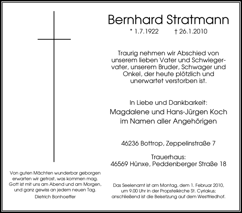Traueranzeigen von Bernhard Stratmann | Trauer-in-NRW.de