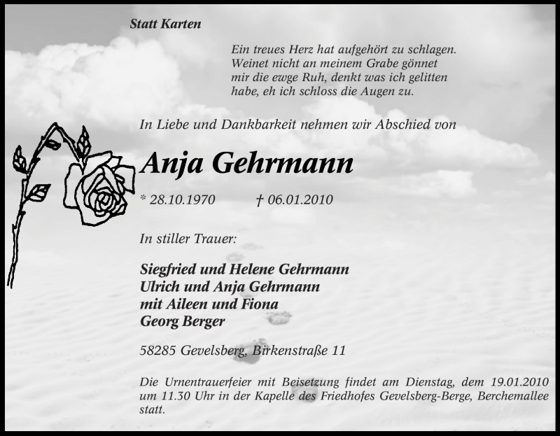 Traueranzeigen von Anja Gehrmann | Trauer-in-NRW.de