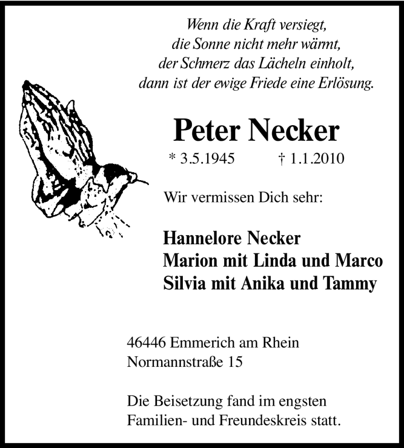 Traueranzeigen von Peter Necker | Trauer-in-NRW.de