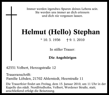 Traueranzeigen von Helmut Stephan | Trauer-in-NRW.de