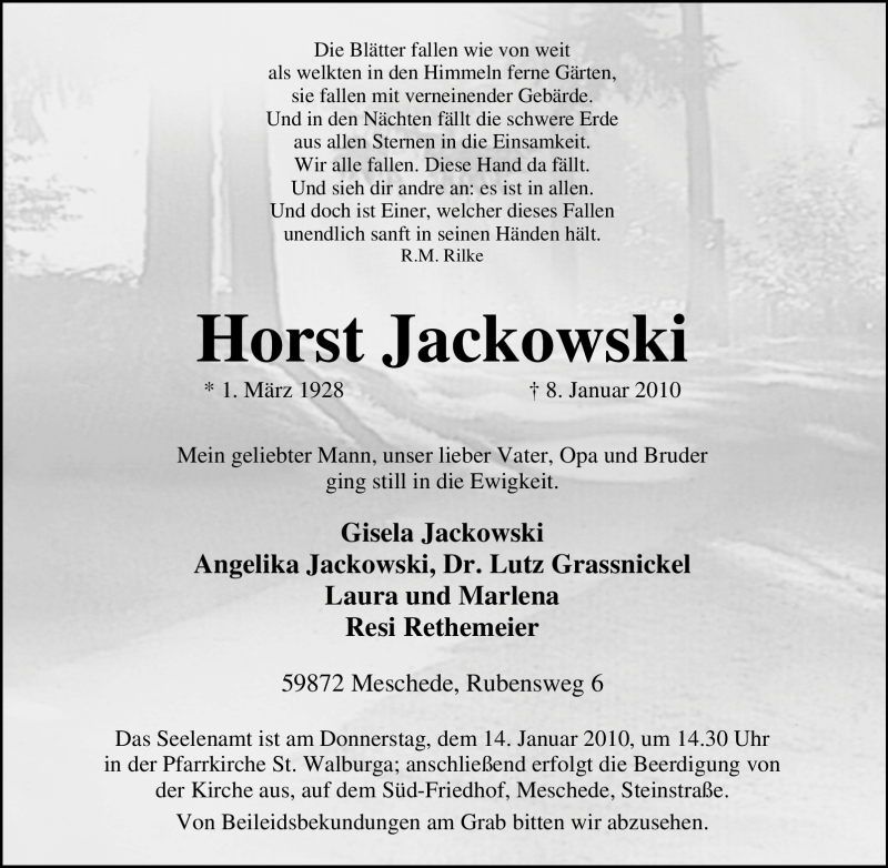 Traueranzeigen von Horst Jackowski | Trauer-in-NRW.de