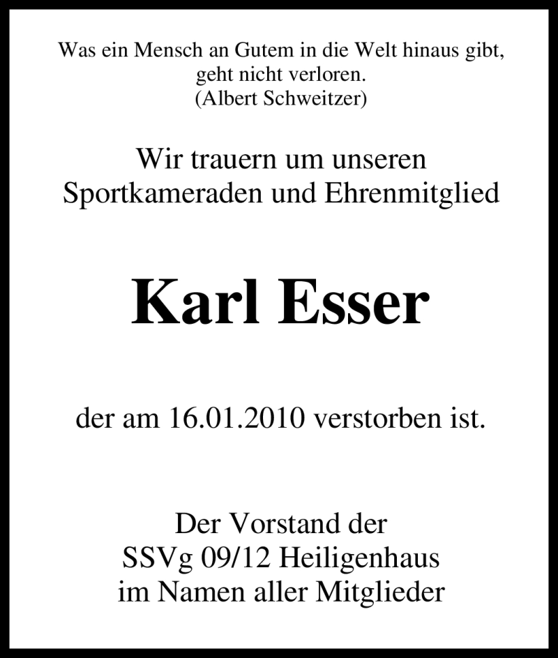 Traueranzeigen von Karl Esser | Trauer-in-NRW.de