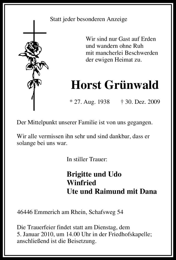 Traueranzeigen von Horst Grünwald | Trauer-in-NRW.de