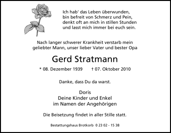Traueranzeigen von Gerd Stratmann | Trauer-in-NRW.de