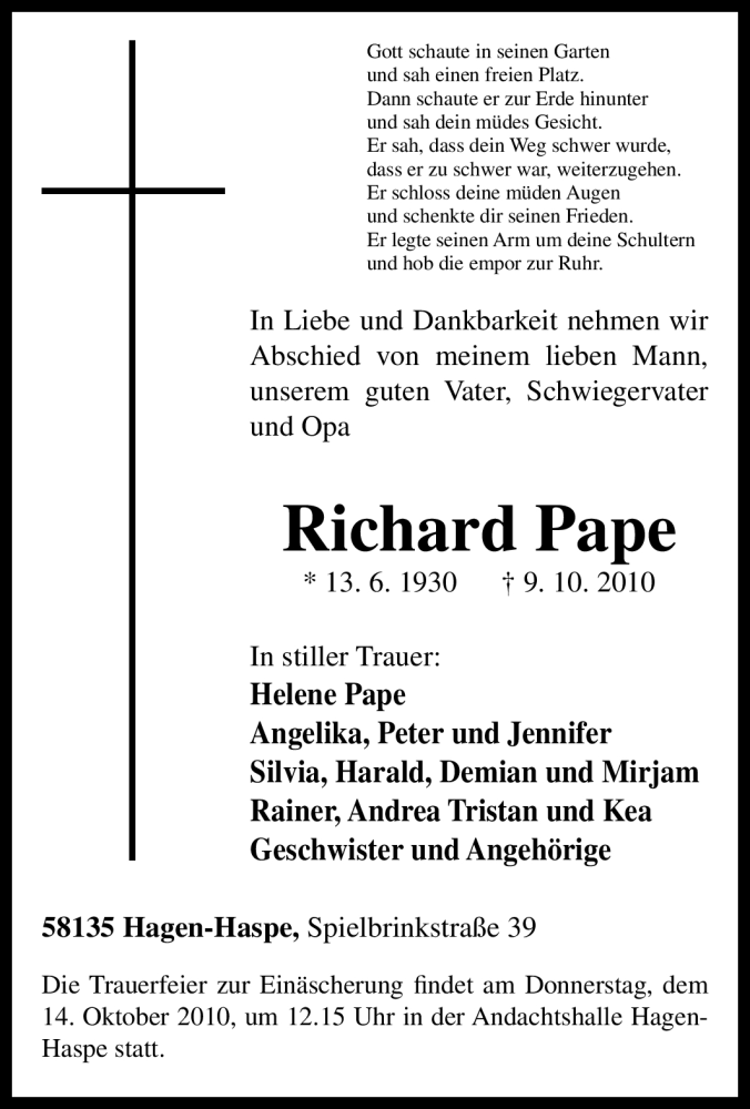 Traueranzeigen von Richard Pape | Trauer-in-NRW.de