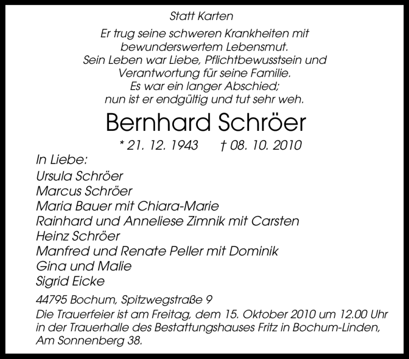 Traueranzeigen von Bernhard Schröer | Trauer-in-NRW.de