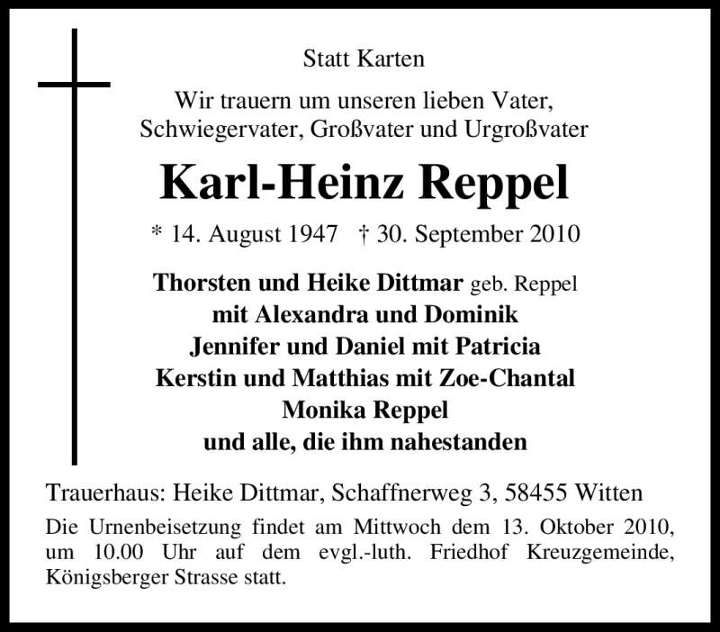 Traueranzeigen von Karl-Heinz Reppel | Trauer-in-NRW.de Traueranzeigen von Karl-Heinz Reppel | Trauer-in-NRW.de