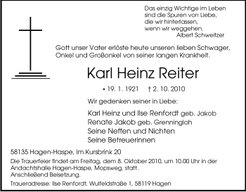 Traueranzeigen von Karl Heinz Reiter | Trauer-in-NRW.de