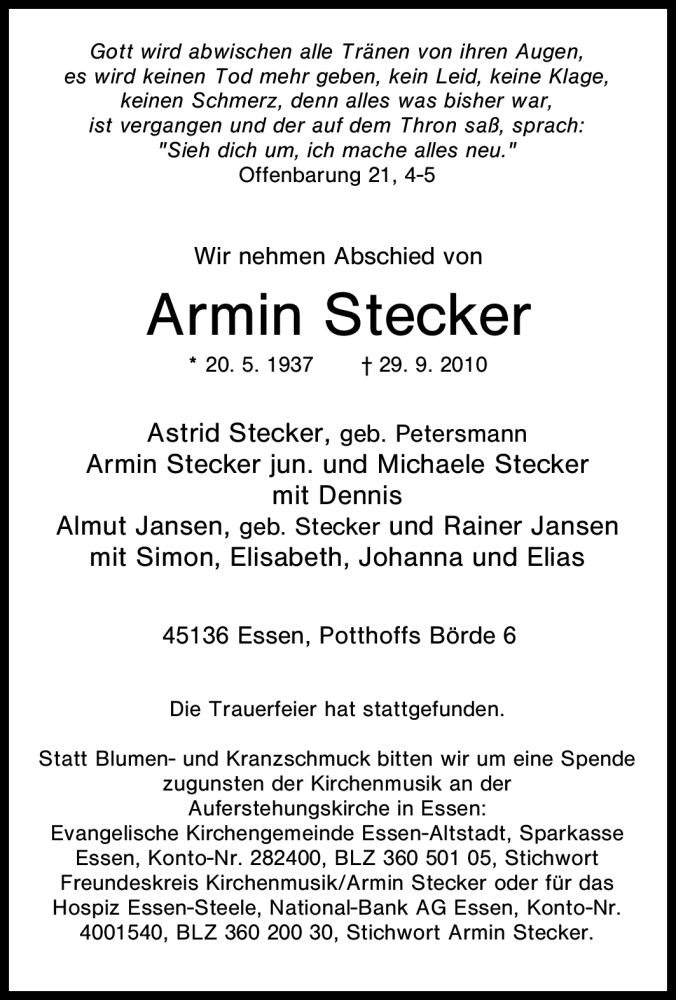 Traueranzeigen von Armin Stecker | Trauer-in-NRW.de