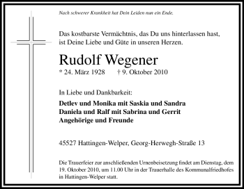 Traueranzeigen von Rudolf Wegener | Trauer-in-NRW.de