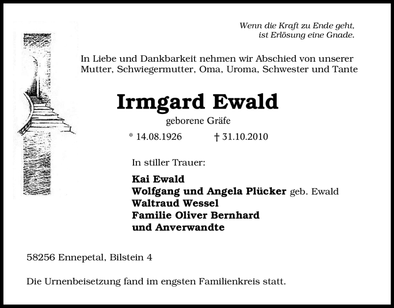 Traueranzeigen von Irmgard Ewald | Trauer-in-NRW.de
