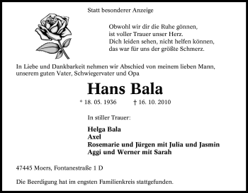 Traueranzeigen von Hans Bala | Trauer-in-NRW.de