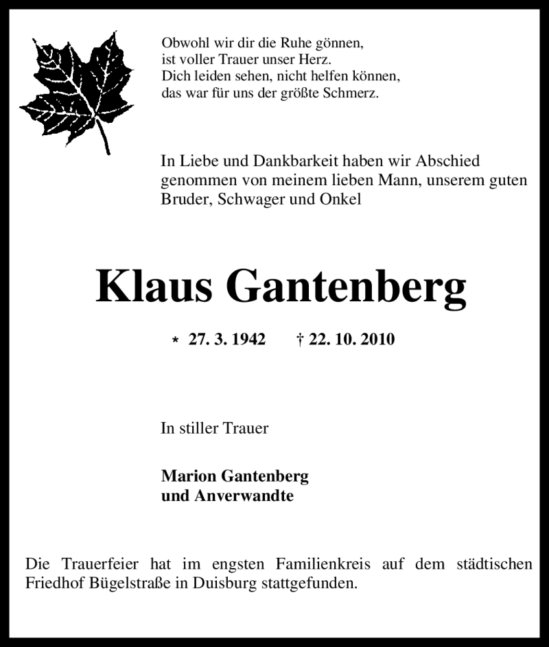 Traueranzeigen von Klaus Gantenberg | Trauer-in-NRW.de