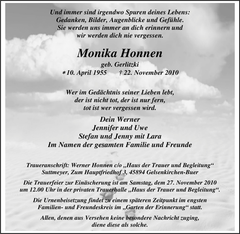 Traueranzeigen von Monika Honnen | Trauer-in-NRW.de