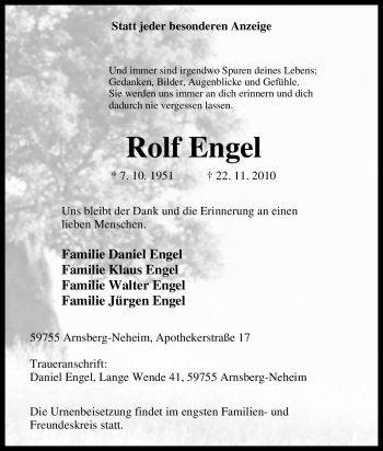 Traueranzeigen von Rolf Engel | Trauer-in-NRW.de