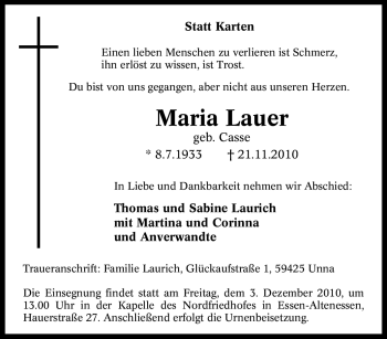 Traueranzeigen von Maria Lauer | Trauer-in-NRW.de