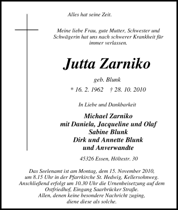 Traueranzeigen von Jutta Zarniko | Trauer-in-NRW.de