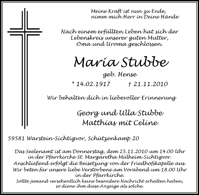 Traueranzeigen von Maria Stubbe | Trauer-in-NRW.de