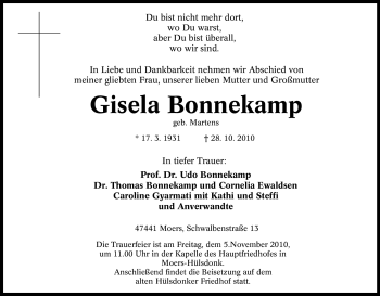 Traueranzeigen von Gisela Bonnekamp | Trauer-in-NRW.de