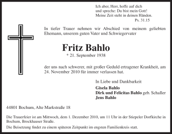 Traueranzeigen von Fritz Bahlo | Trauer-in-NRW.de