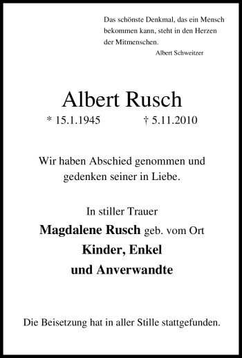 Traueranzeigen von Albert Rusch | Trauer-in-NRW.de