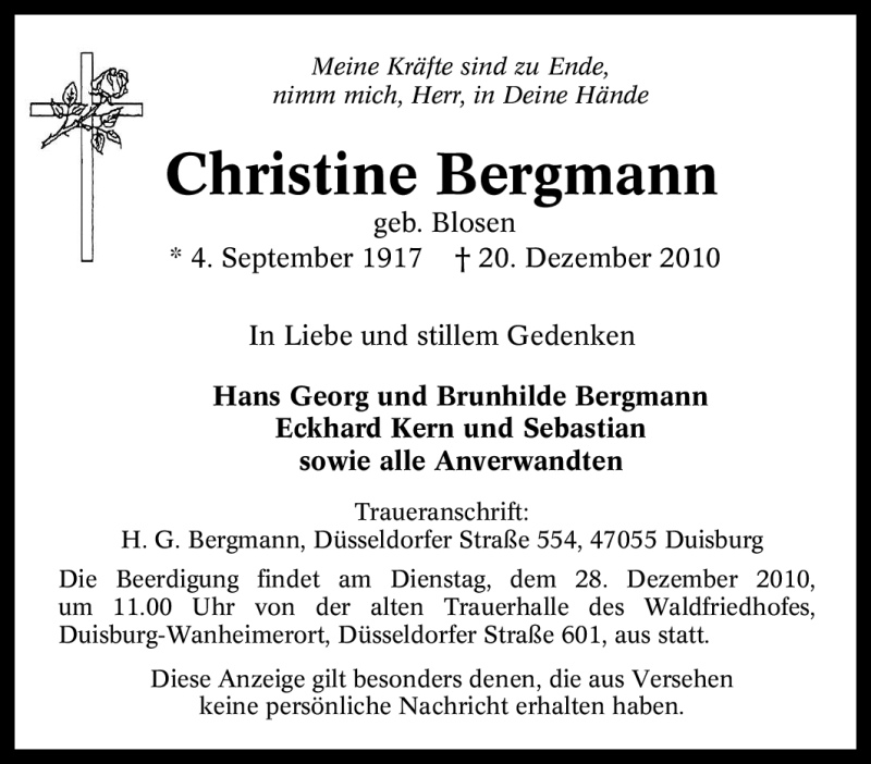 Traueranzeigen von Christine Bergmann | Trauer-in-NRW.de Traueranzeigen von Christine Bergmann | Trauer-in-NRW.de