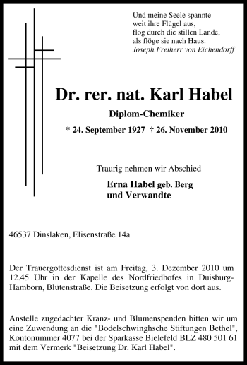 Traueranzeigen von Karl Habel | Trauer-in-NRW.de