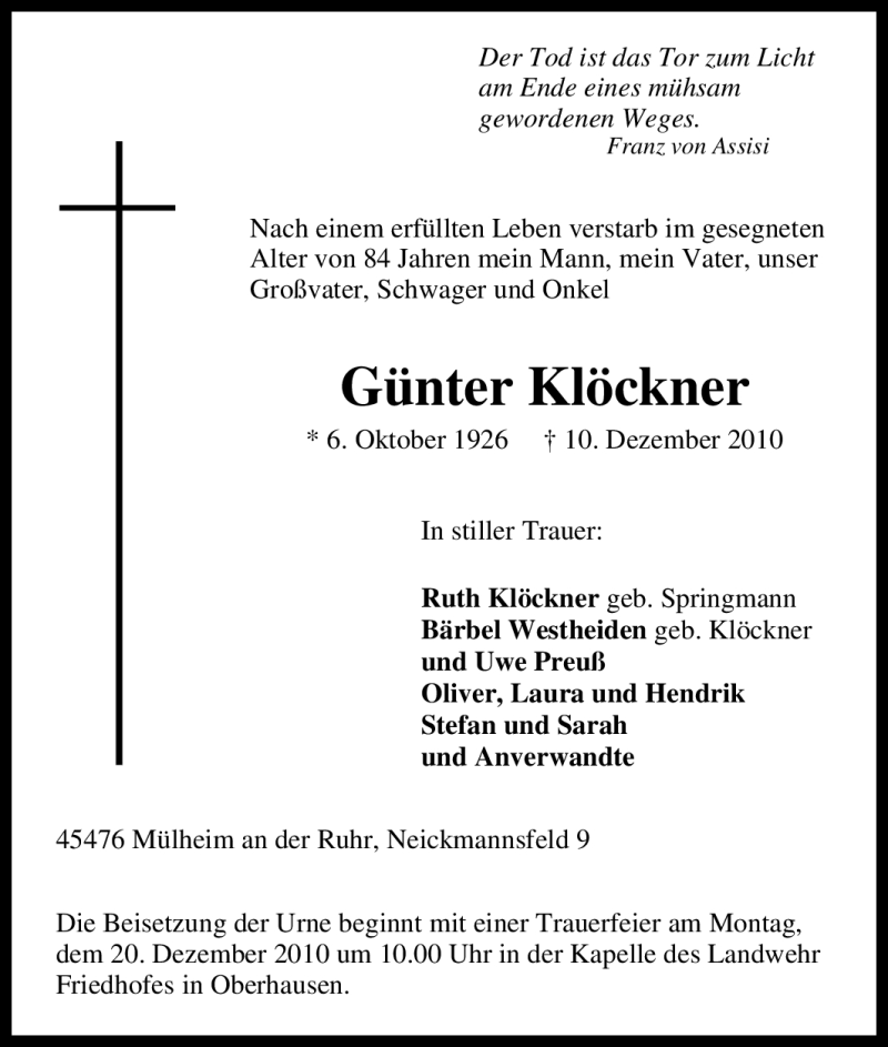 Traueranzeigen von Günter Klöckner | Trauer-in-NRW.de