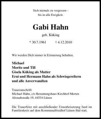 Traueranzeigen von Gabi Hahn | Trauer-in-NRW.de