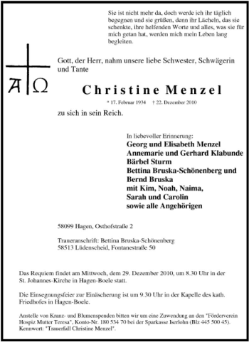 Traueranzeigen von Christine Menzel | Trauer-in-NRW.de