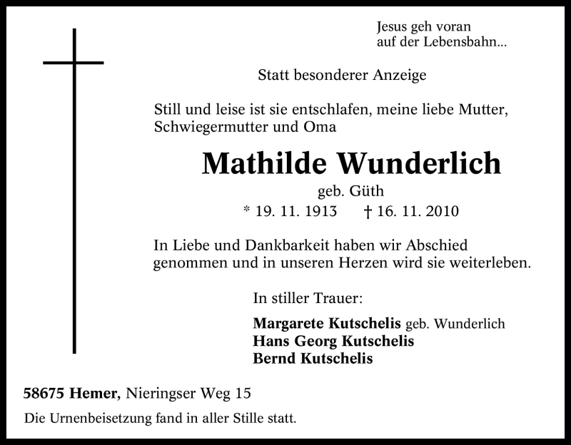 Traueranzeigen von Mathilde Wunderlich | Trauer-in-NRW.de