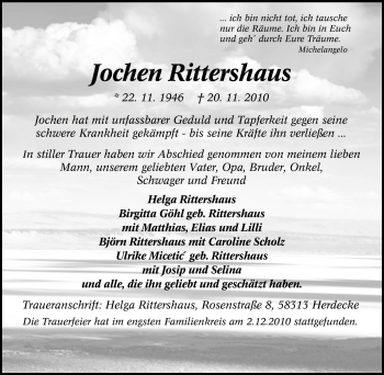 Traueranzeigen von Jochen Rittershaus | Trauer-in-NRW.de