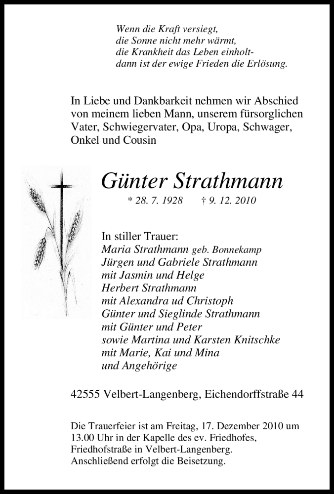 Traueranzeigen von Günter Strathmann | Trauer-in-NRW.de