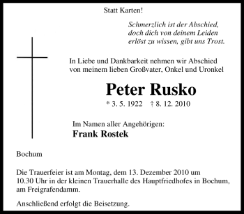 Traueranzeigen von Peter Rusko | Trauer-in-NRW.de